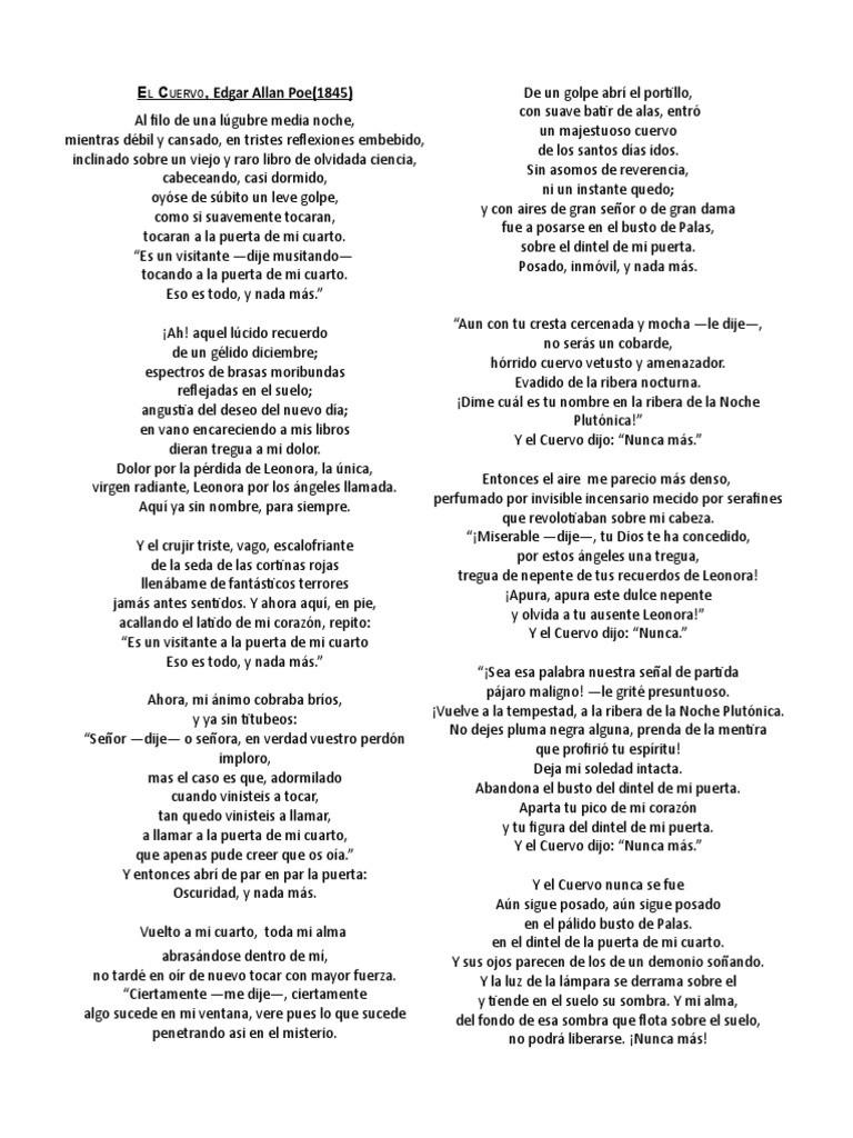 El Cuervo de Edgar Allan Poe: Poema Completo | PDF | El Cuervo