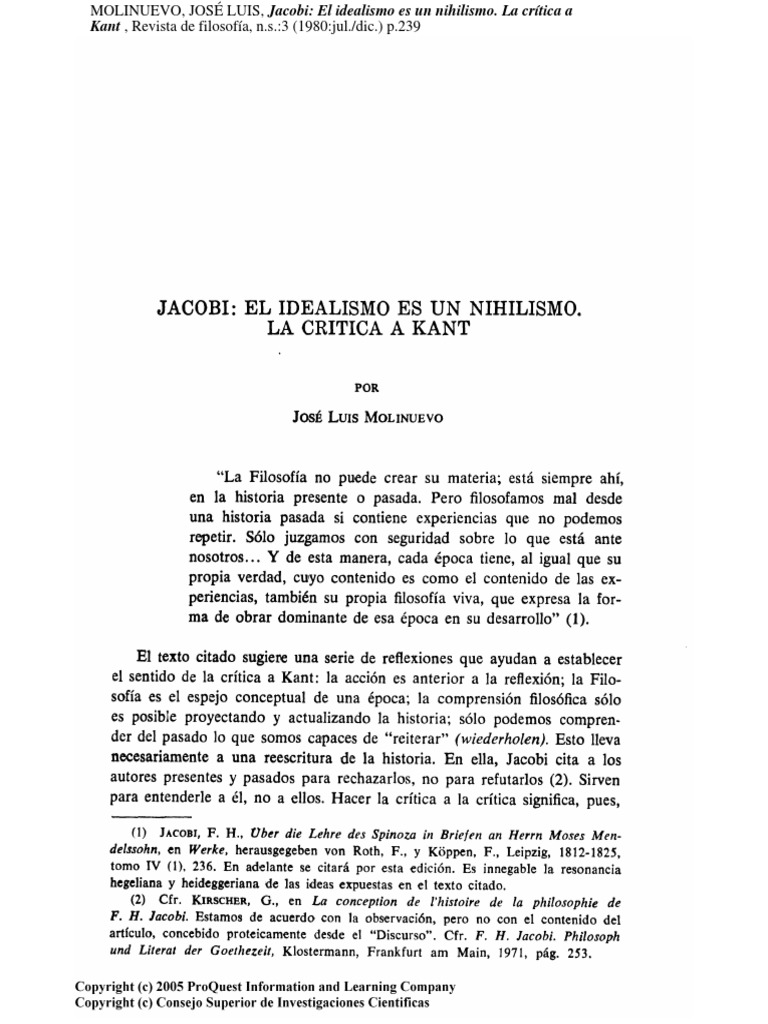 Jacobi - El Idealismo Es Un Nihilismo. La Critica A Kant | PDF