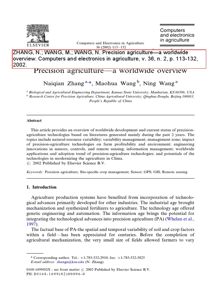 Precision Agriculture A Worldwide Overview Zhang Pdf Geographic