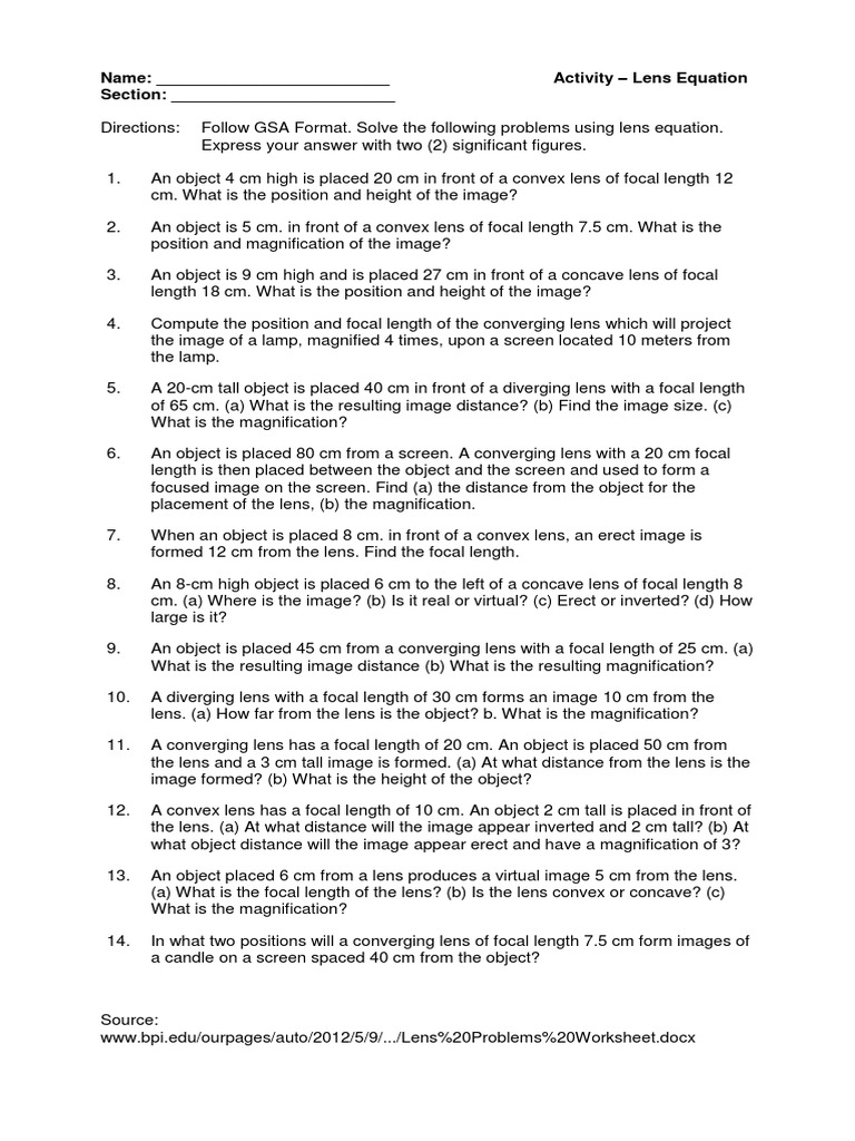 Lens Equation Problem Set | PDF | Lens (Optics) | Electromagnetic Radiation