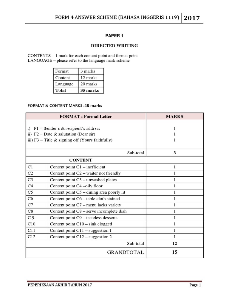 Form 4 Answer Scheme (Bahasa Inggeris 1119) : Directed Writing | PDF ...