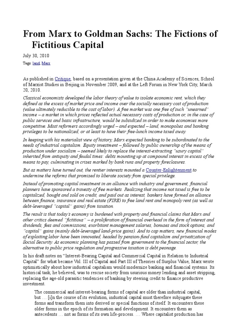 Michael Hudson - From Marx To Goldman Sachs The Fictions of Fictitious ...