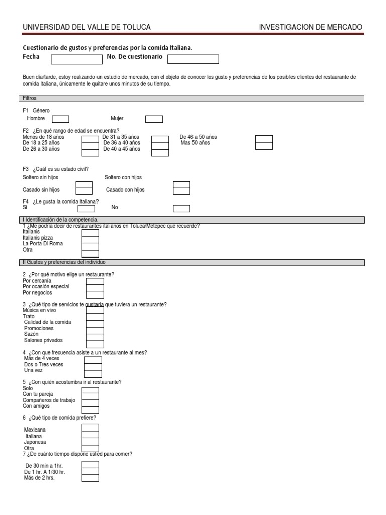 Cuestionario de Gustos y Preferencias Por La Comida Italiana | Ocio ...