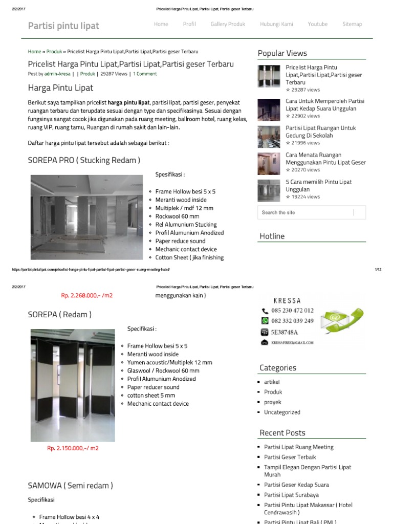 Pricelist Harga Pintu Lipat, Partisi Lipat, Partisi Geser Terbaru | PDF