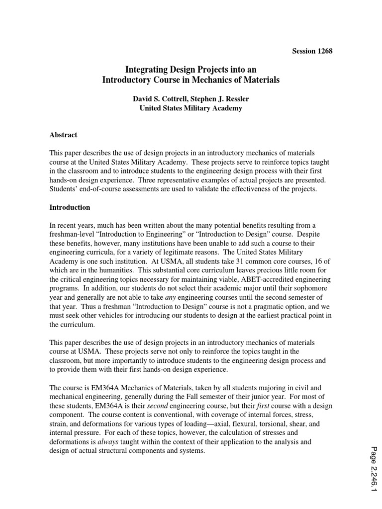 Integrating Design Projects Into An Introductory Course in Mechanics of ...