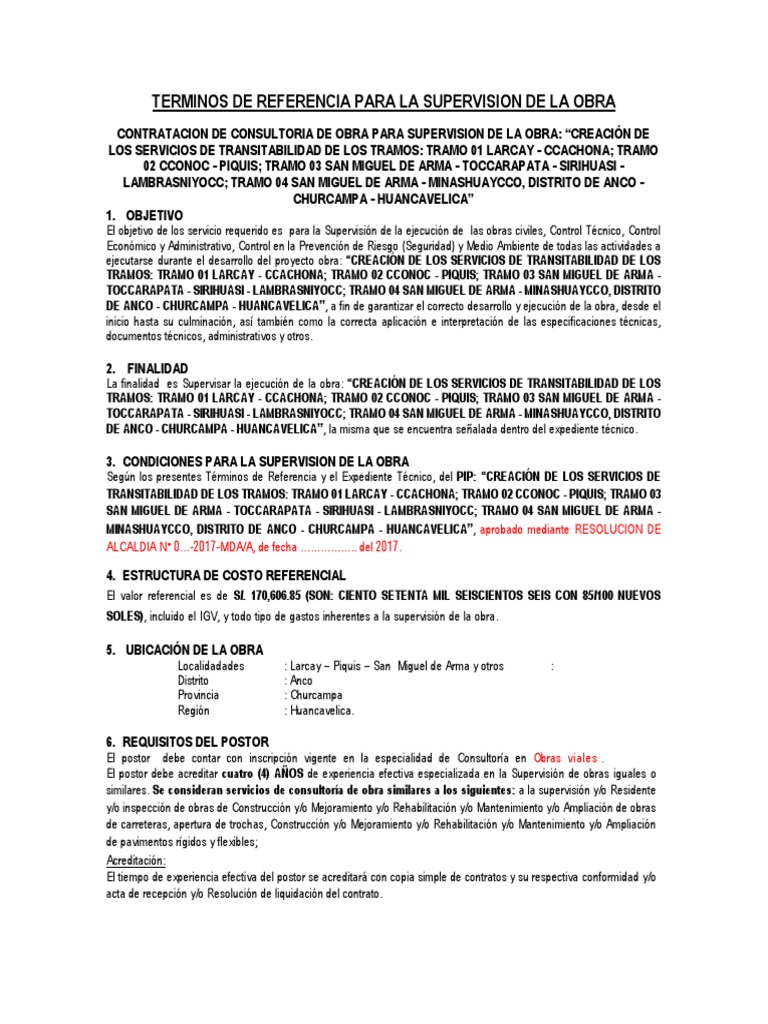 TDR Supervision Carretera | PDF | Presupuesto | Pagos