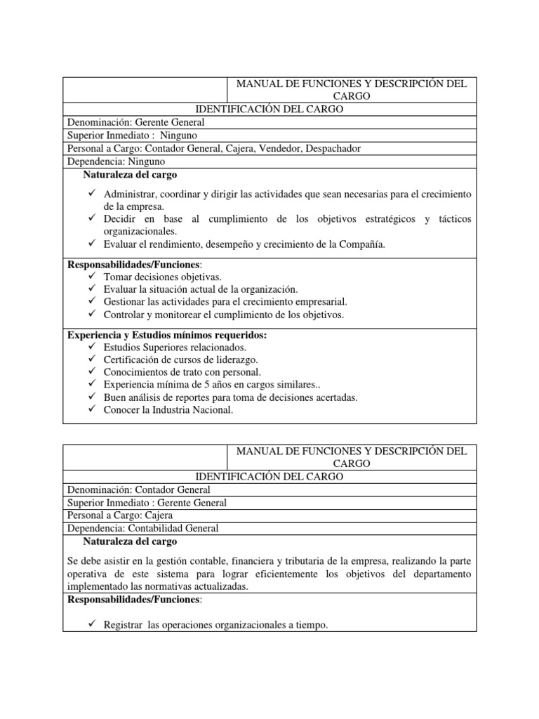Manual de Funciones y Descripción Del Cargo | PDF | Contabilidad | Bancos