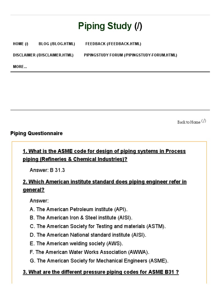 Piping Questionnaire - Piping Study | PDF | Pipe (Fluid Conveyance) | Valve