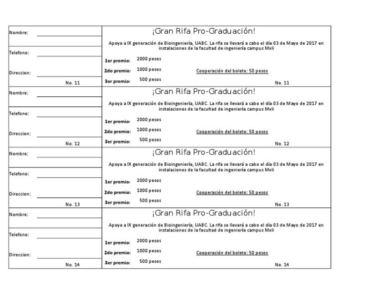 Formato para Boletos de Rifa