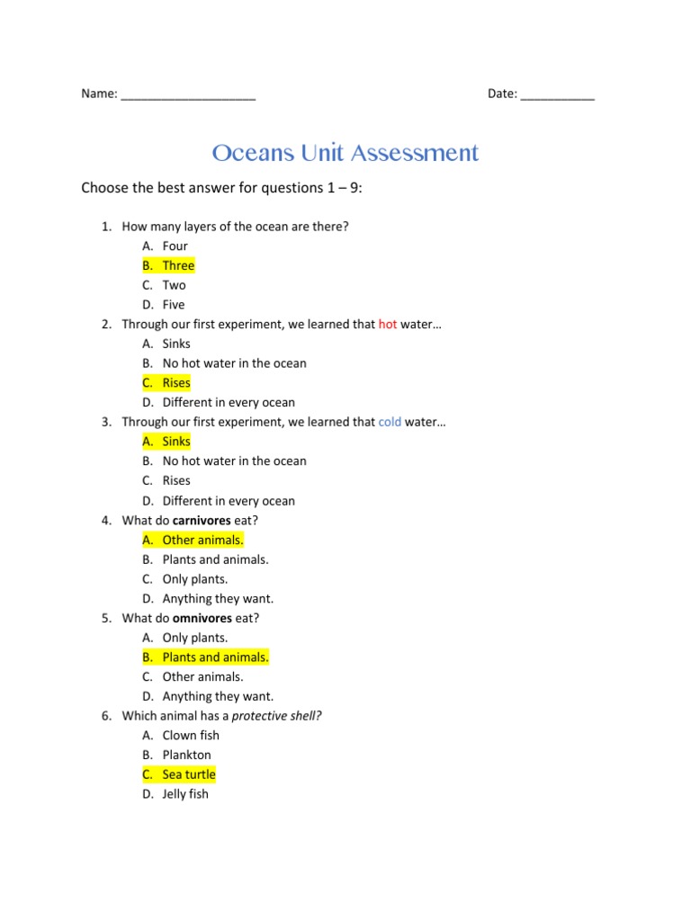 Oceans Unit Assessment: Choose The Best Answer For Questions 1 - 9 ...