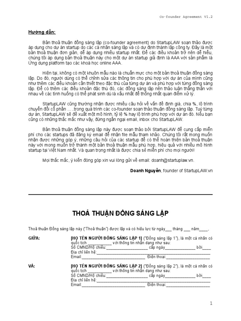 Draft Co-Founder Agreement v1.2 2017 StartupLAW - VN | PDF