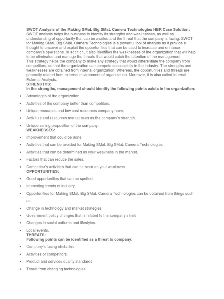 SWOT Analysis of The Making SMaL Big SMaL Camera Technologies HBR Case ...