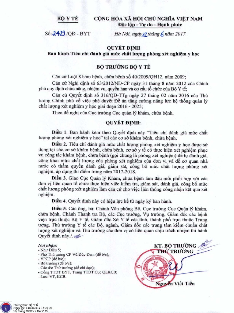 QD-2429-QD-ByT Ve Bo Tieu Chi Danh Gia Chat Luong XN | PDF