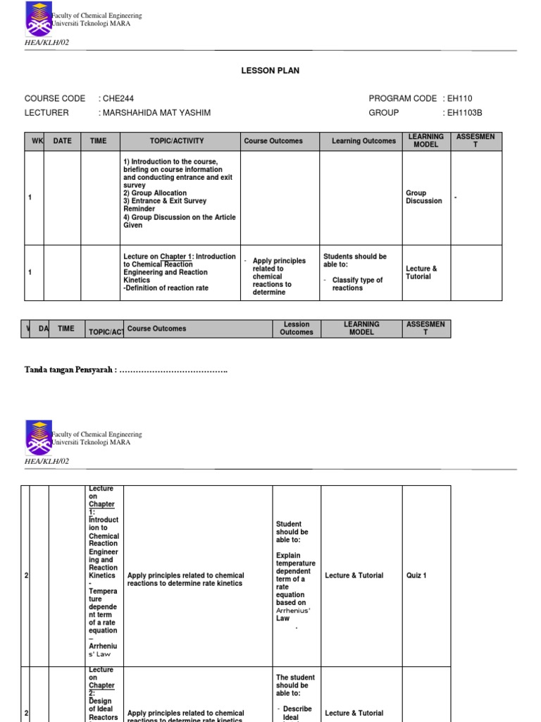 CHE244 Lesson Plan | PDF | Chemical Reactor | Chemical Kinetics