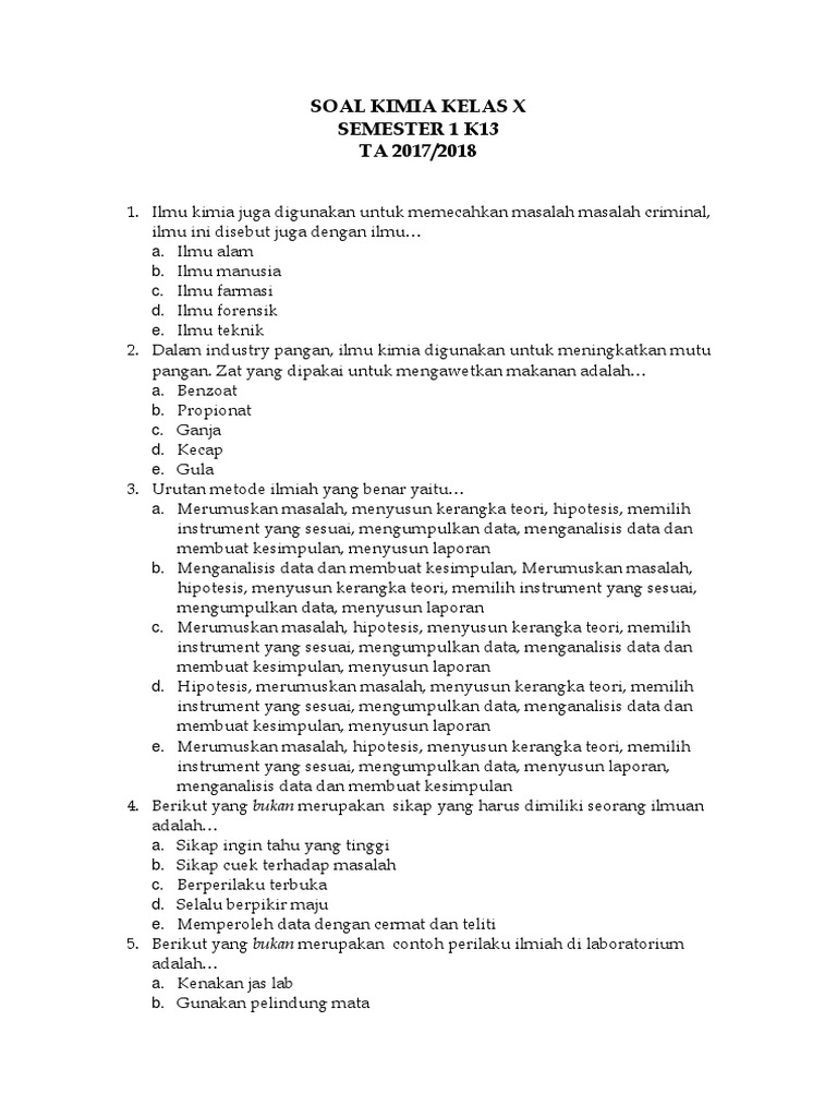 Soal Semester 1 Kimia Kelas X k13 Fix | PDF