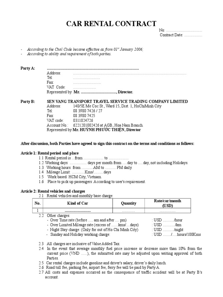 Long Term Car Rental Contract | Download Free PDF | Fee | Ho Chi Minh City