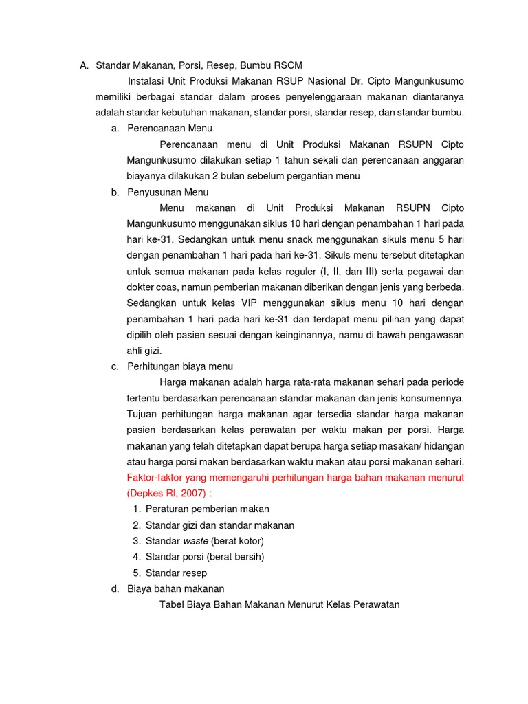 Standar Makanan dan Porsi RSCM | PDF