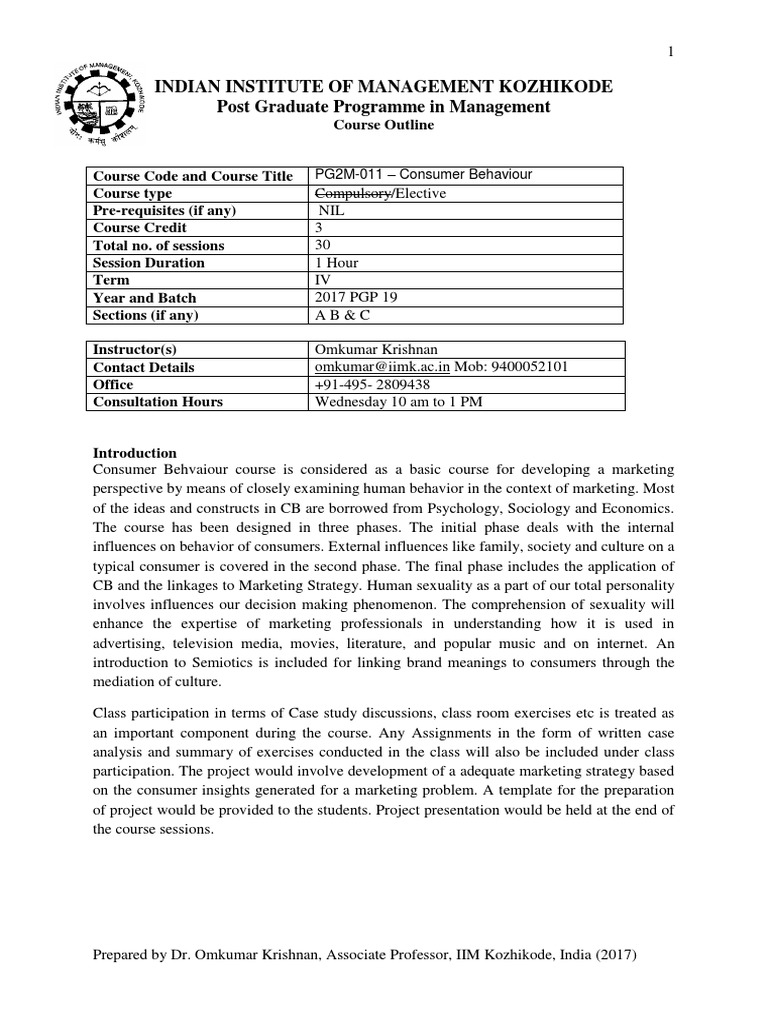 PGP Course Outline CB OMK 2017 | PDF | Consumer Behaviour | Personality Psychology