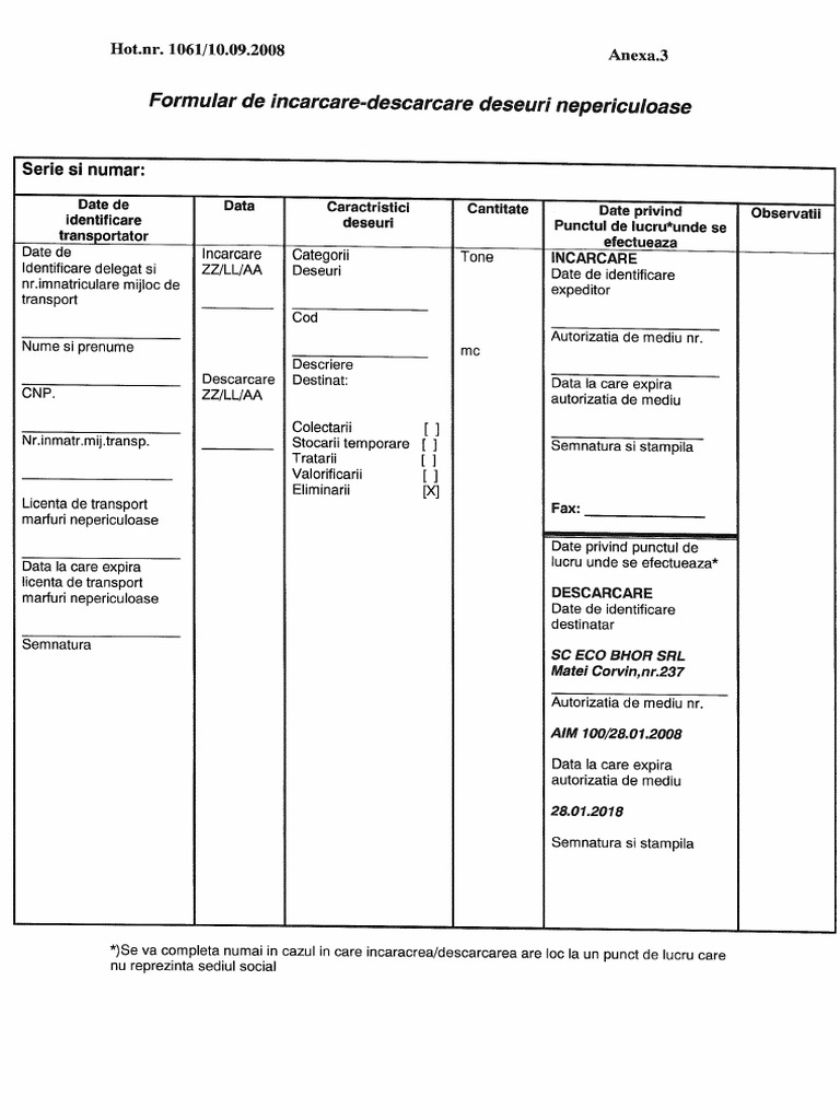 Formular de Incarcare Descarcare Deseuri Nepericuloase