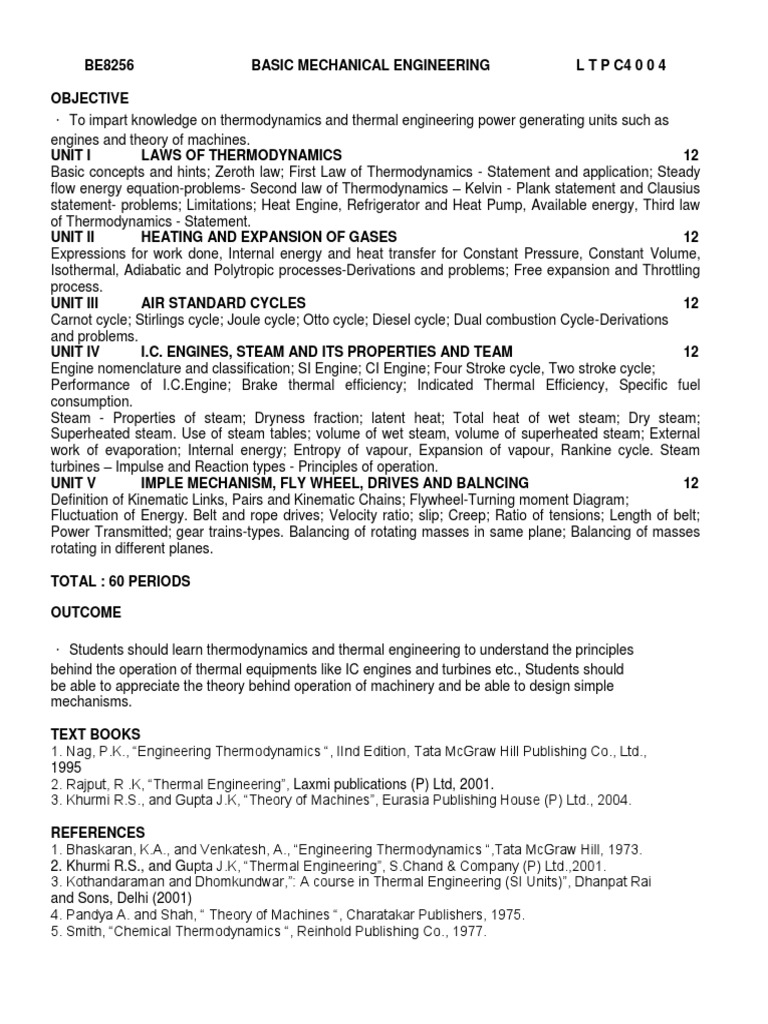 Be8256 Basic Mechanical Engineering Syllabus | PDF | Steam | Heat