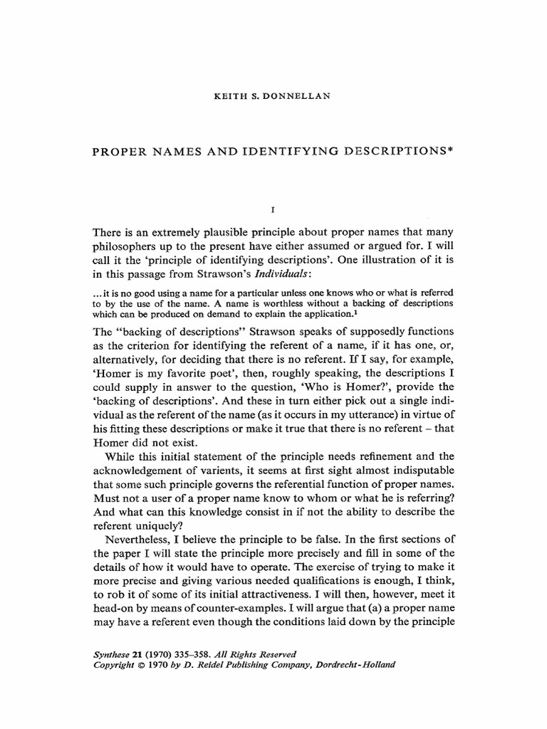 Keith Donnellan - Proper Names and Identifying Descriptions | PDF ...