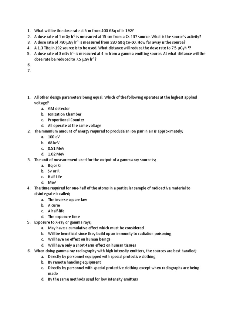 RT Safety Sample Questions | PDF | Gamma Ray | Radiation