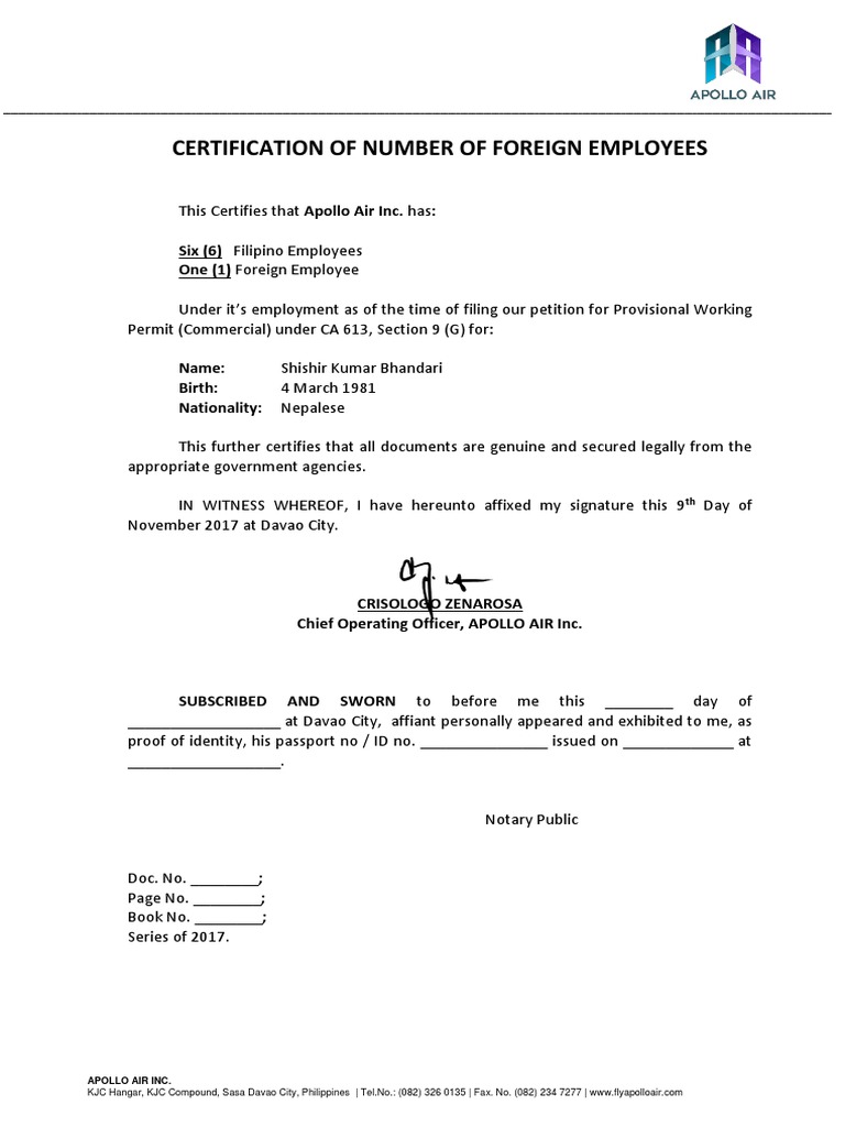 Certification of Number of Foreign Employees | PDF