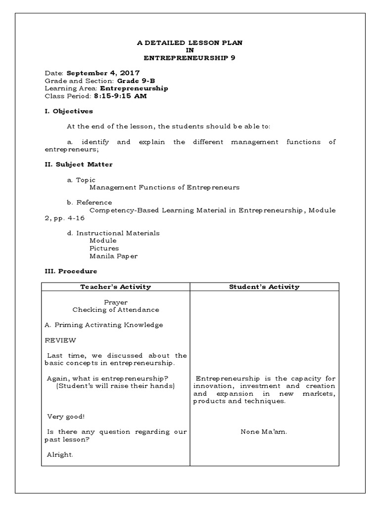A Detailed Lesson Plan | PDF | Entrepreneurship | Lesson Plan