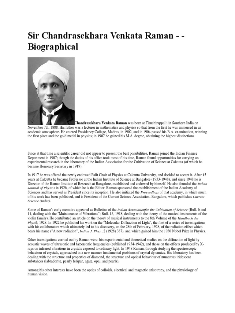 Sir Chandrasekhara Venkata Raman - Biographical | PDF | Physics ...