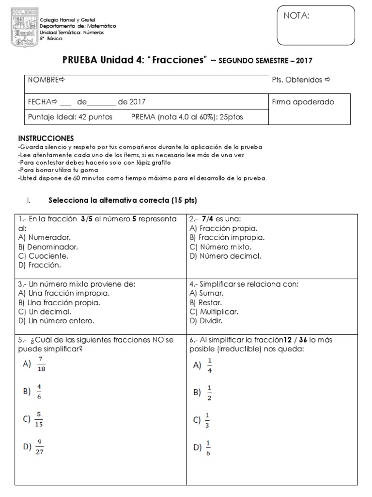 Prueba Fracciones | PDF | Fracción (Matemáticas) | Lexicología