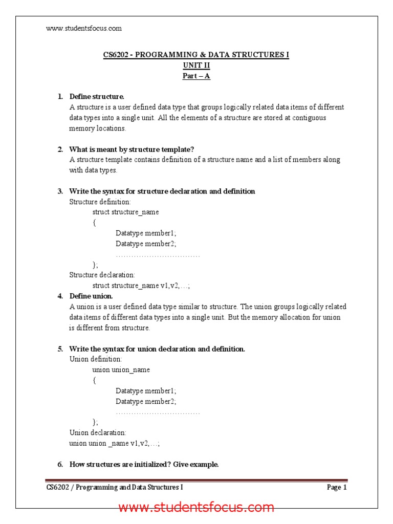 Cs6202 Programming And Data Structures I Pdf Array Data Structure Data Type 
