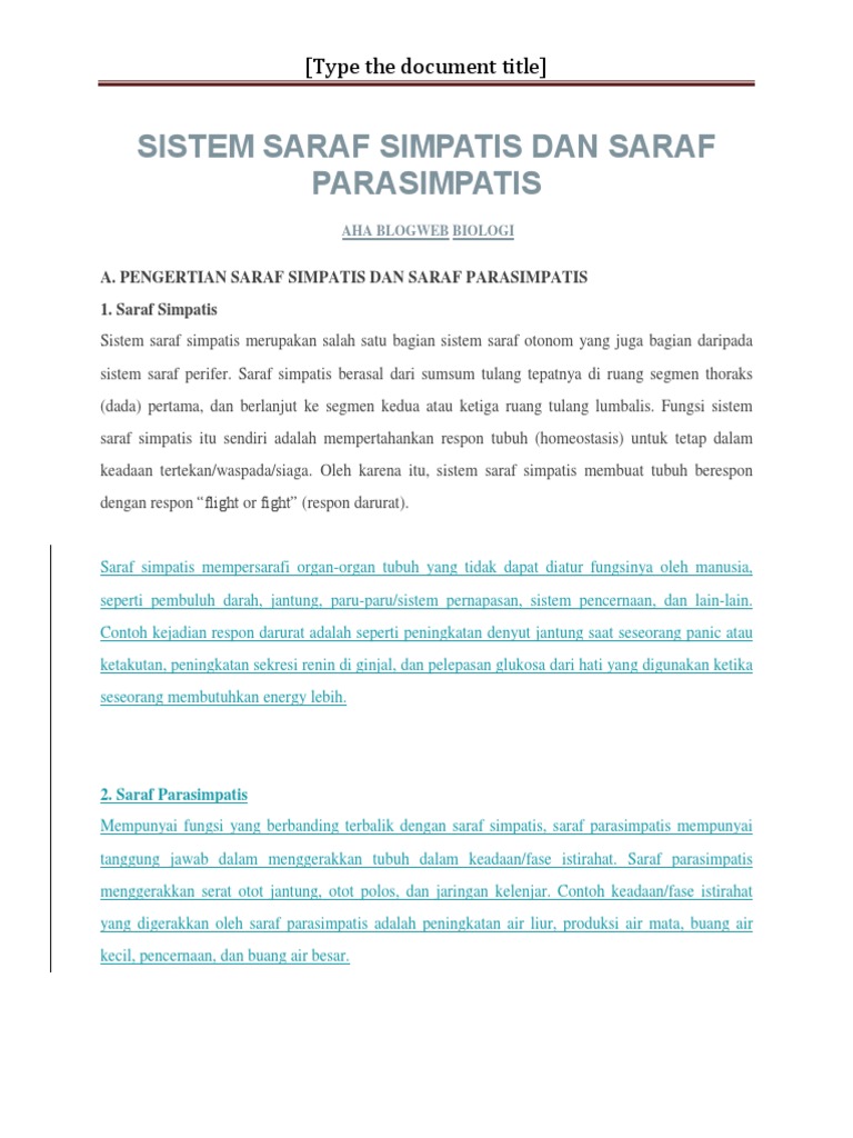 Sistem Saraf Simpatis Dan Saraf Parasimpatis | PDF