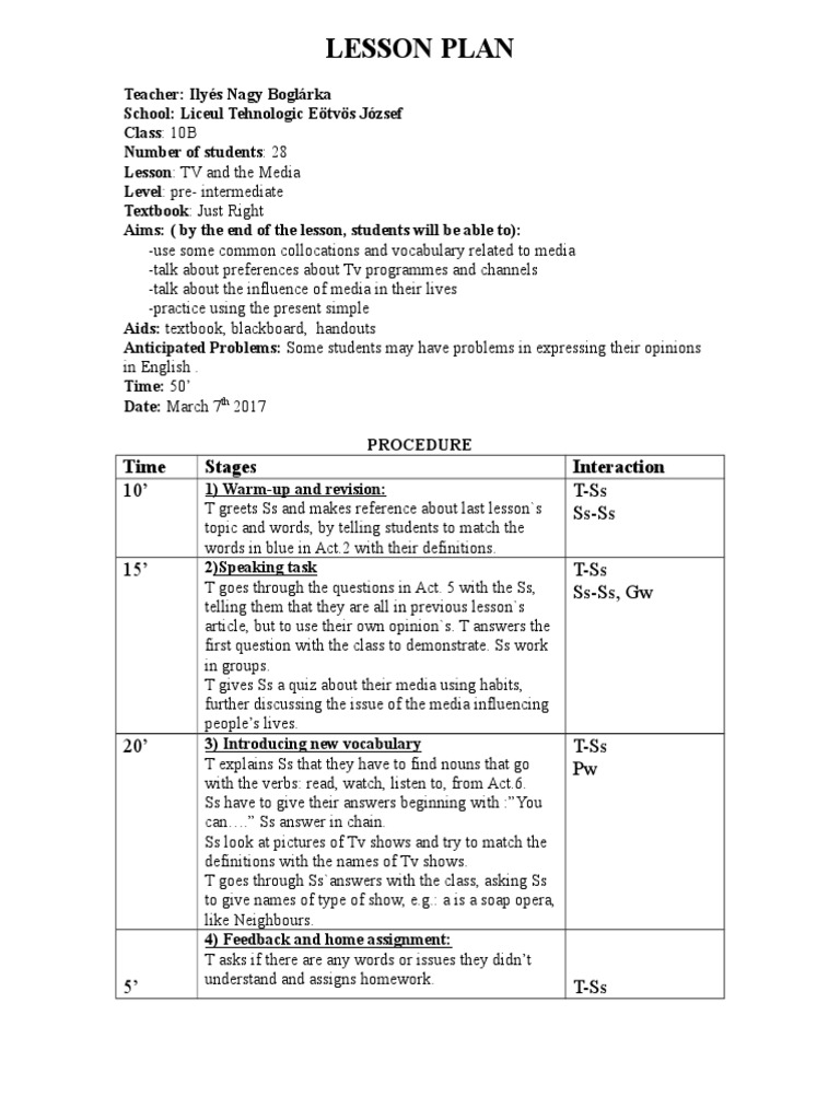 Lesson Plan: Time Stages Interaction | PDF | Lesson Plan | Cognition