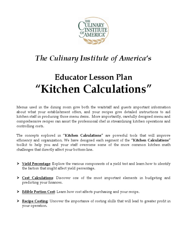 "Kitchen Calculations": Educator Lesson Plan | PDF | Teaspoon | Prices