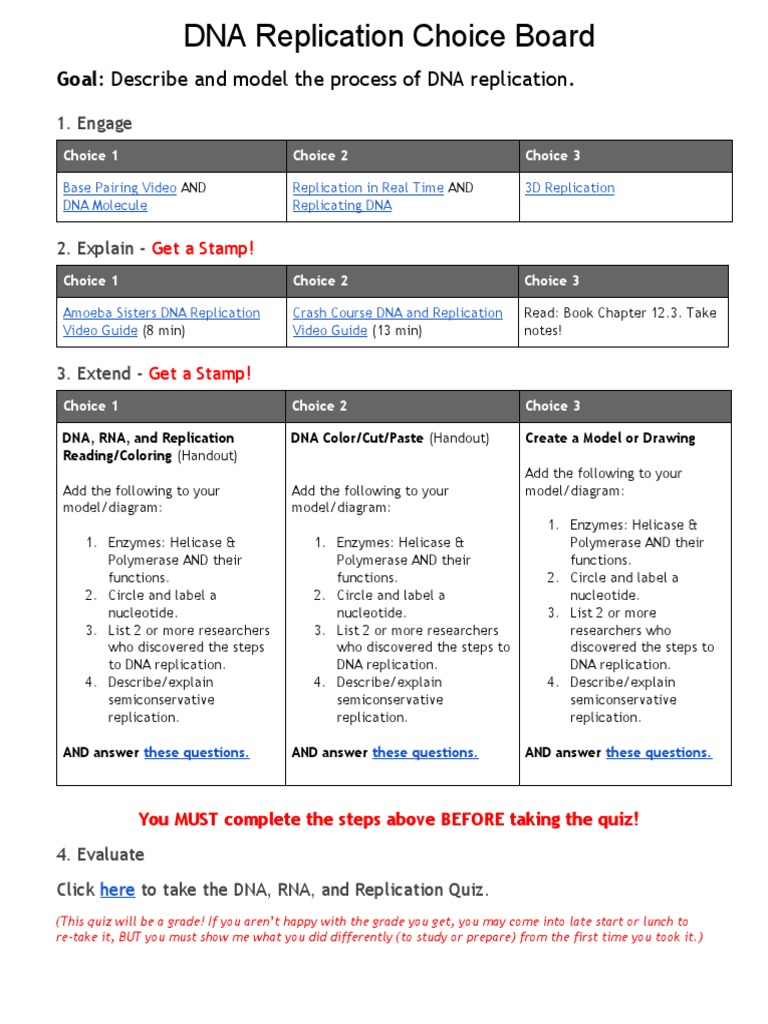 Dna Replication Choice Board | PDF | Dna Replication | Organic Polymers