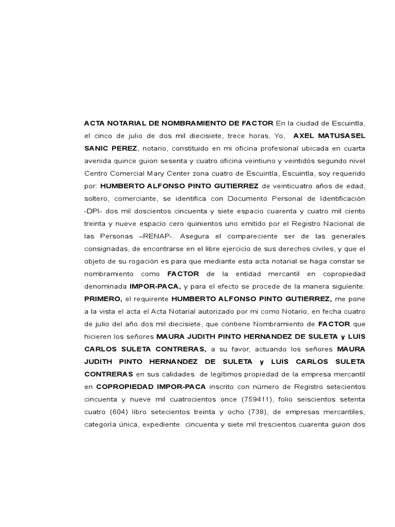 Acta Notarial de Nombramiento de Representante Legal | Derecho Civil ...