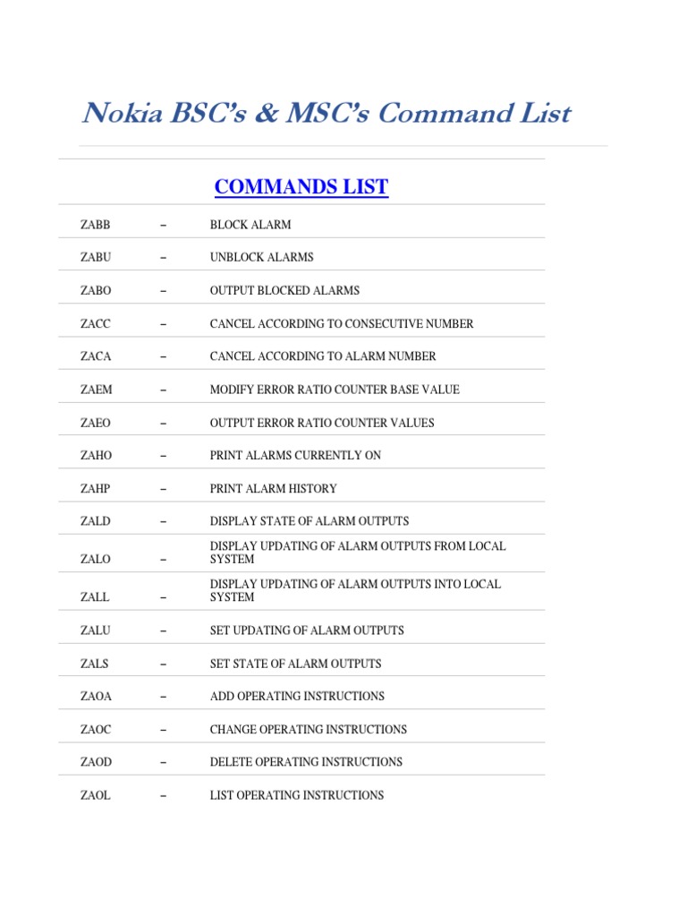 Nokia BSC's & MSC's Command List | PDF | Secure Shell | Computer File