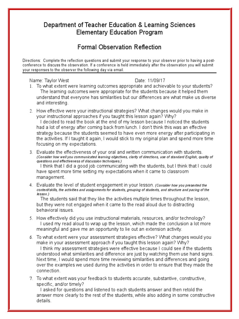 Teacher Observation Reflection Guide | PDF | Learning | Psychology
