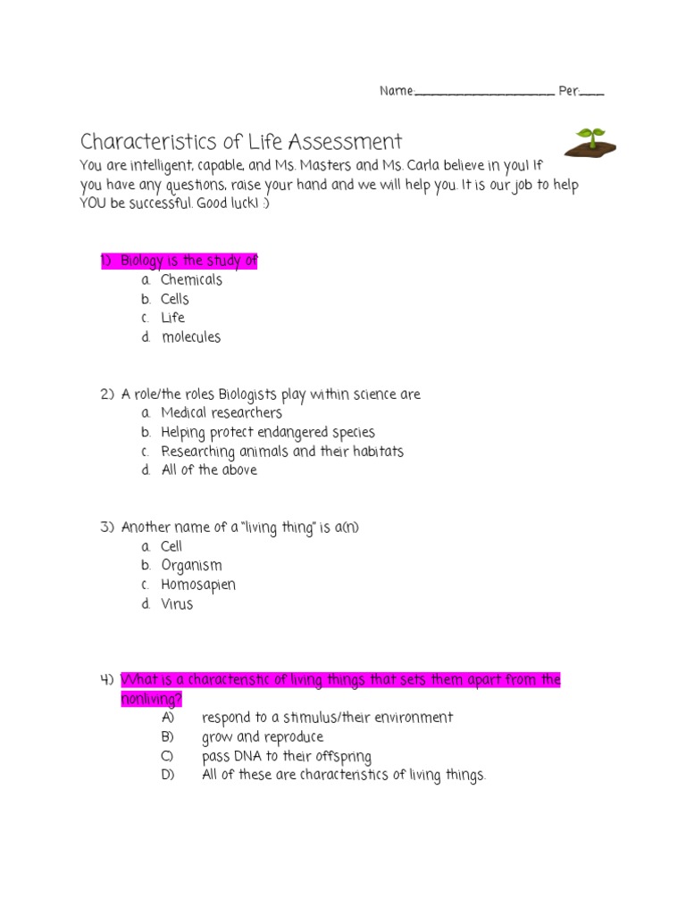 Characteristics of Life Test 2fassessment Biology 1 | PDF | Life ...