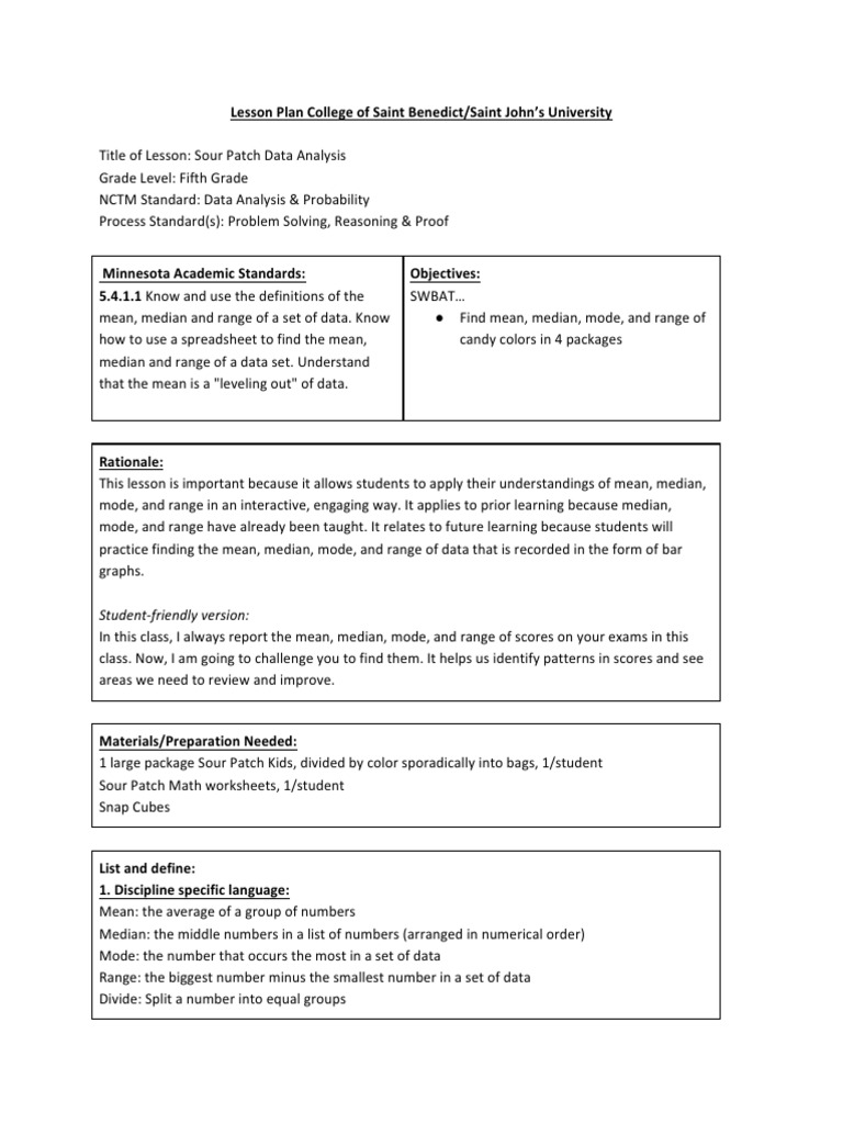 5th Grade Data Probability Lesson Plan | PDF | Mode (Statistics ...