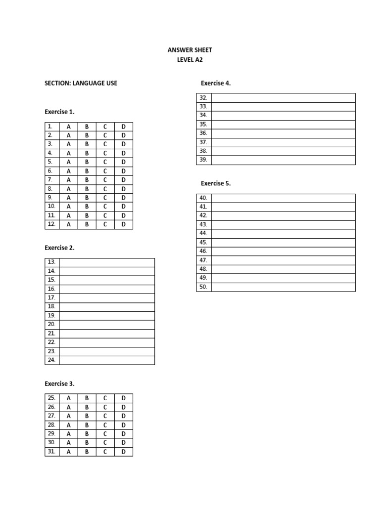 Level A2 Answer Sheet | PDF