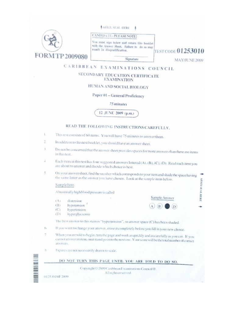 CXC CSEC HSB Paper 1 2009 PDF | PDF