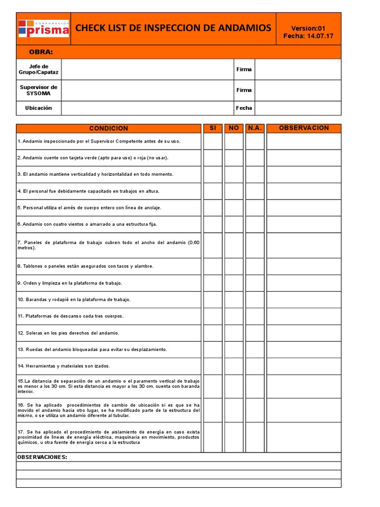 Check List de Inspección de Andamios | PDF
