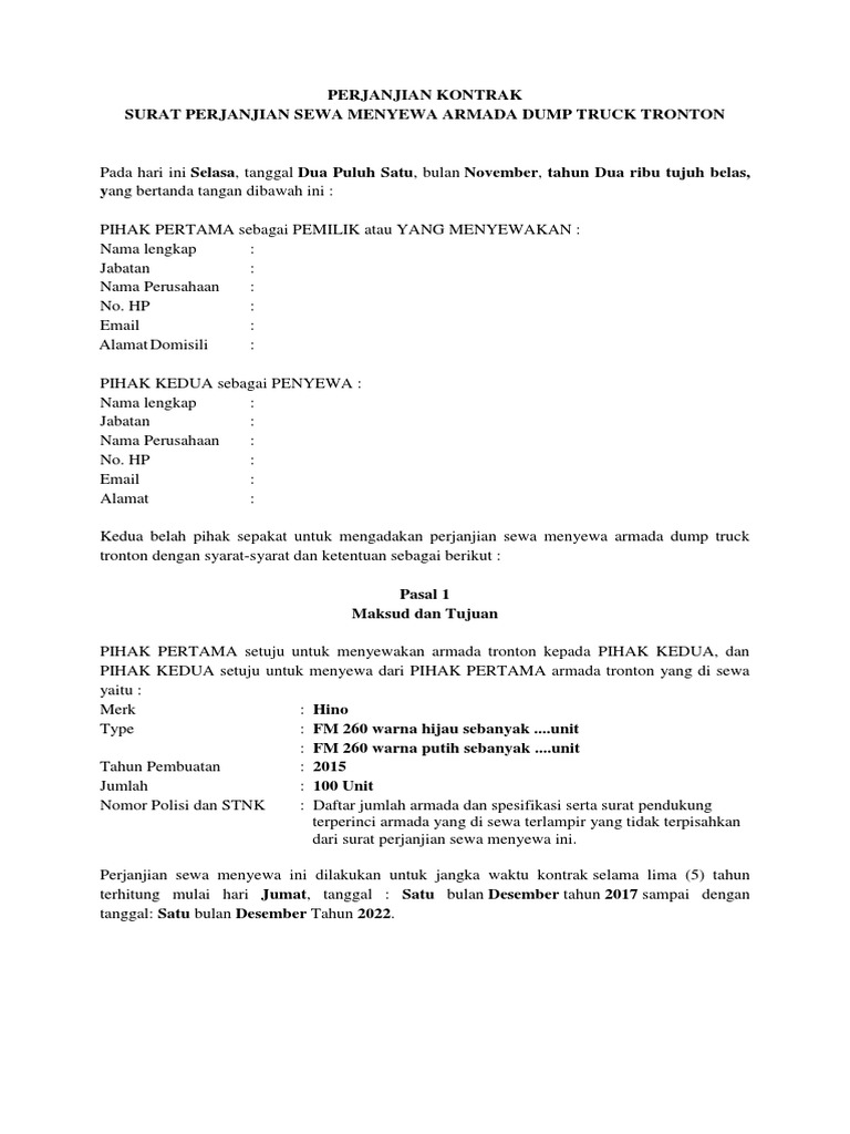Contoh Draft Perjanjian Kontrak