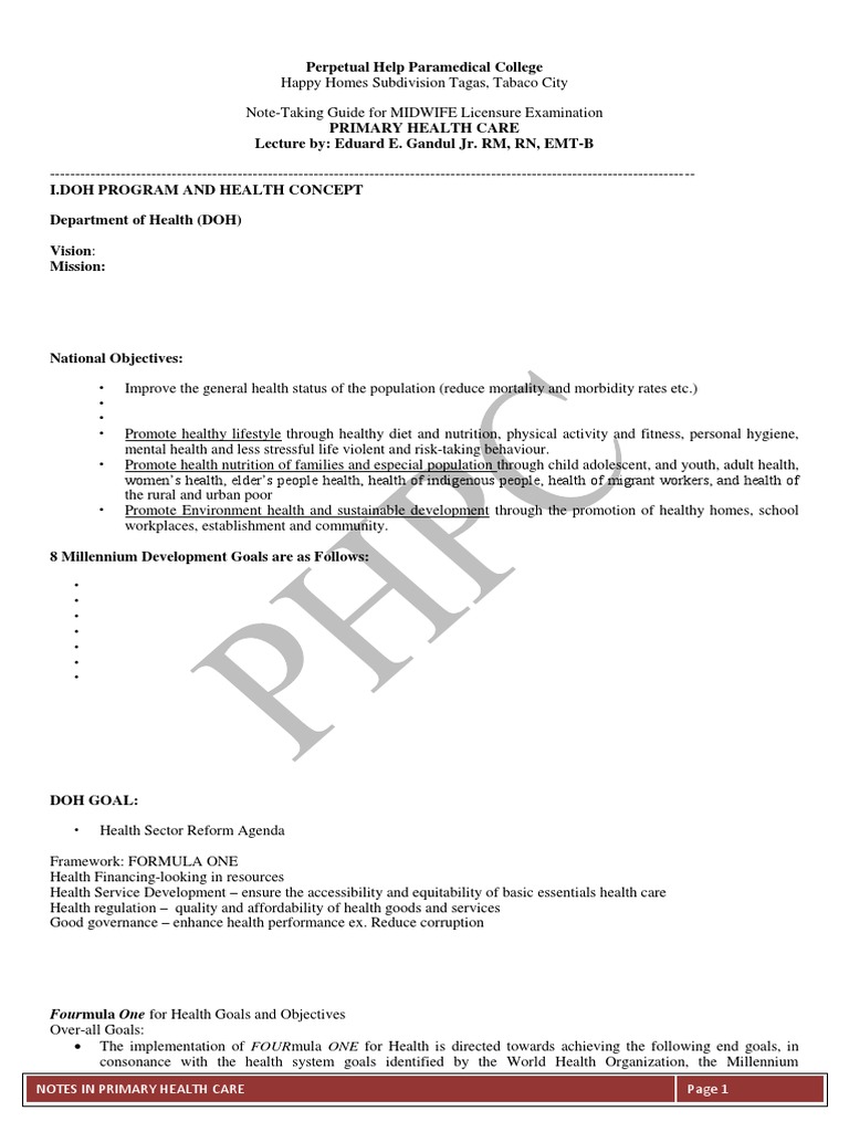 Fourmula One For Health Goals and Objectives: Notes in Primary Health ...