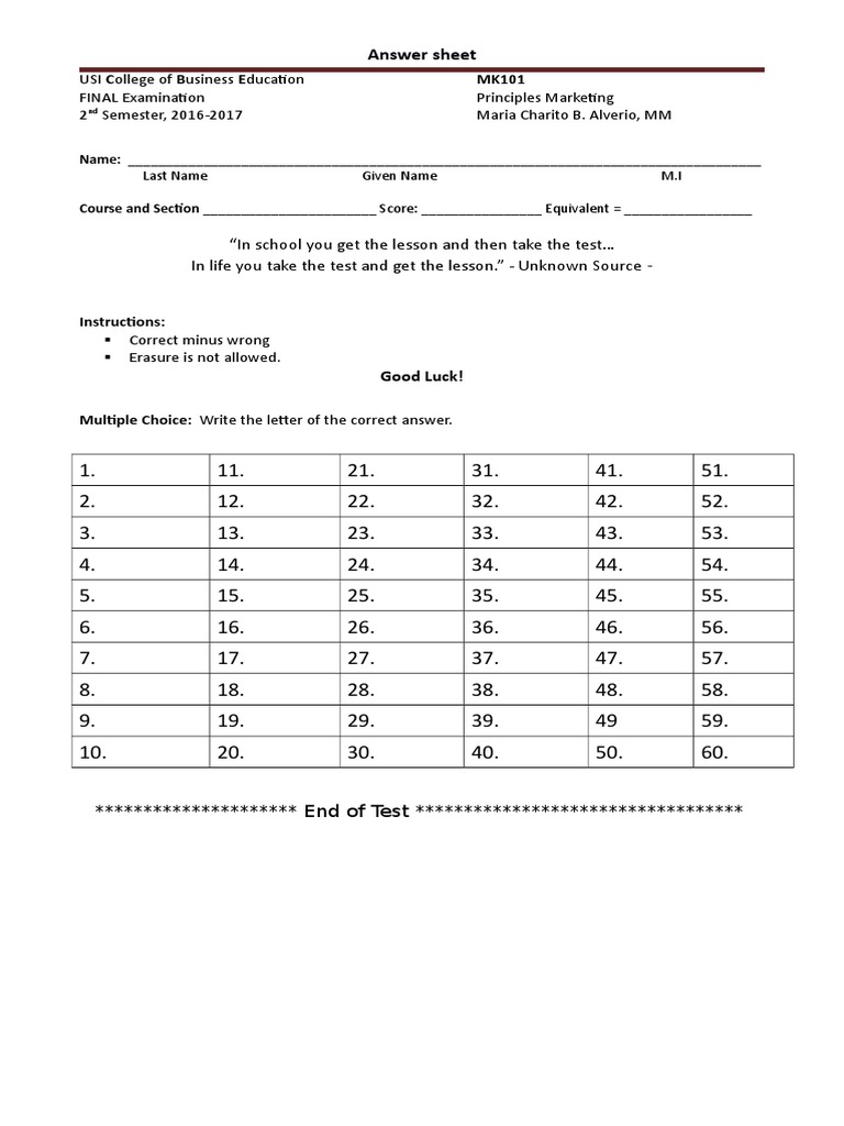 MK101 FINALS Answer-Sheet | PDF