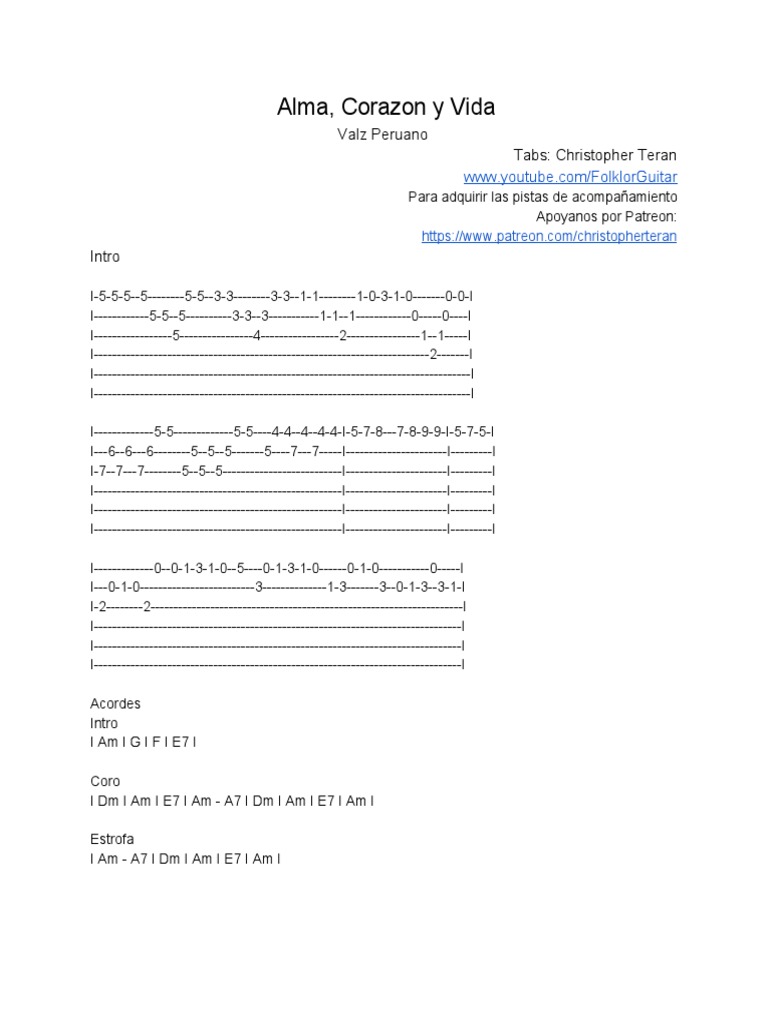 Acordes y Tabs de "Alma, Corazón y Vida" | PDF