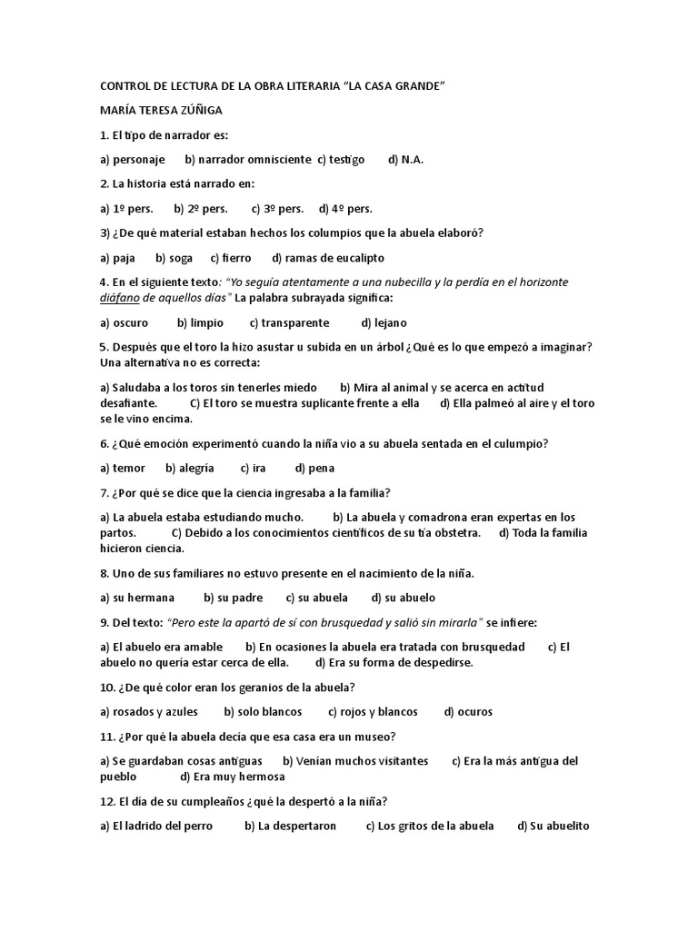 Control de Lectura de La Obra Literaria LA CASA GRANDE | PDF