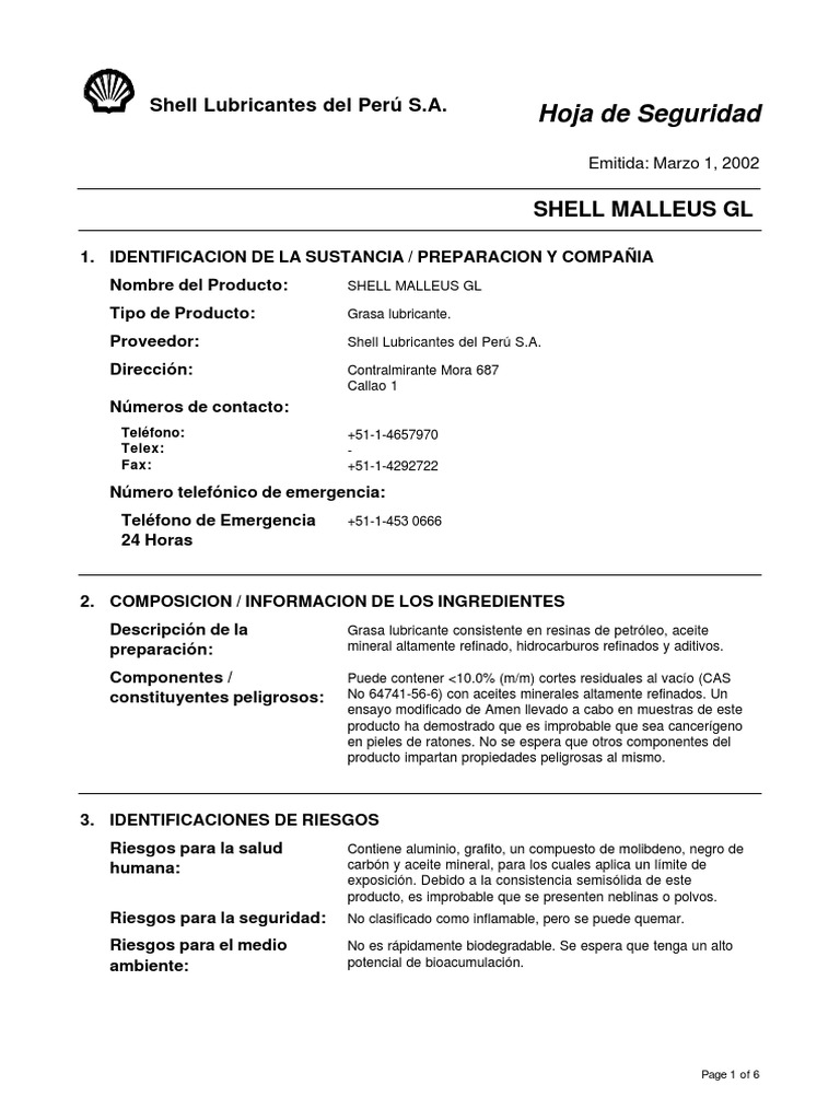 Hoja de seguridad proporciona información clave sobre la grasa ...