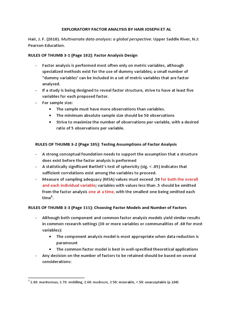 Factor Analysis by Hair 2010 (Rules of Thumbs) | PDF | Factor Analysis ...